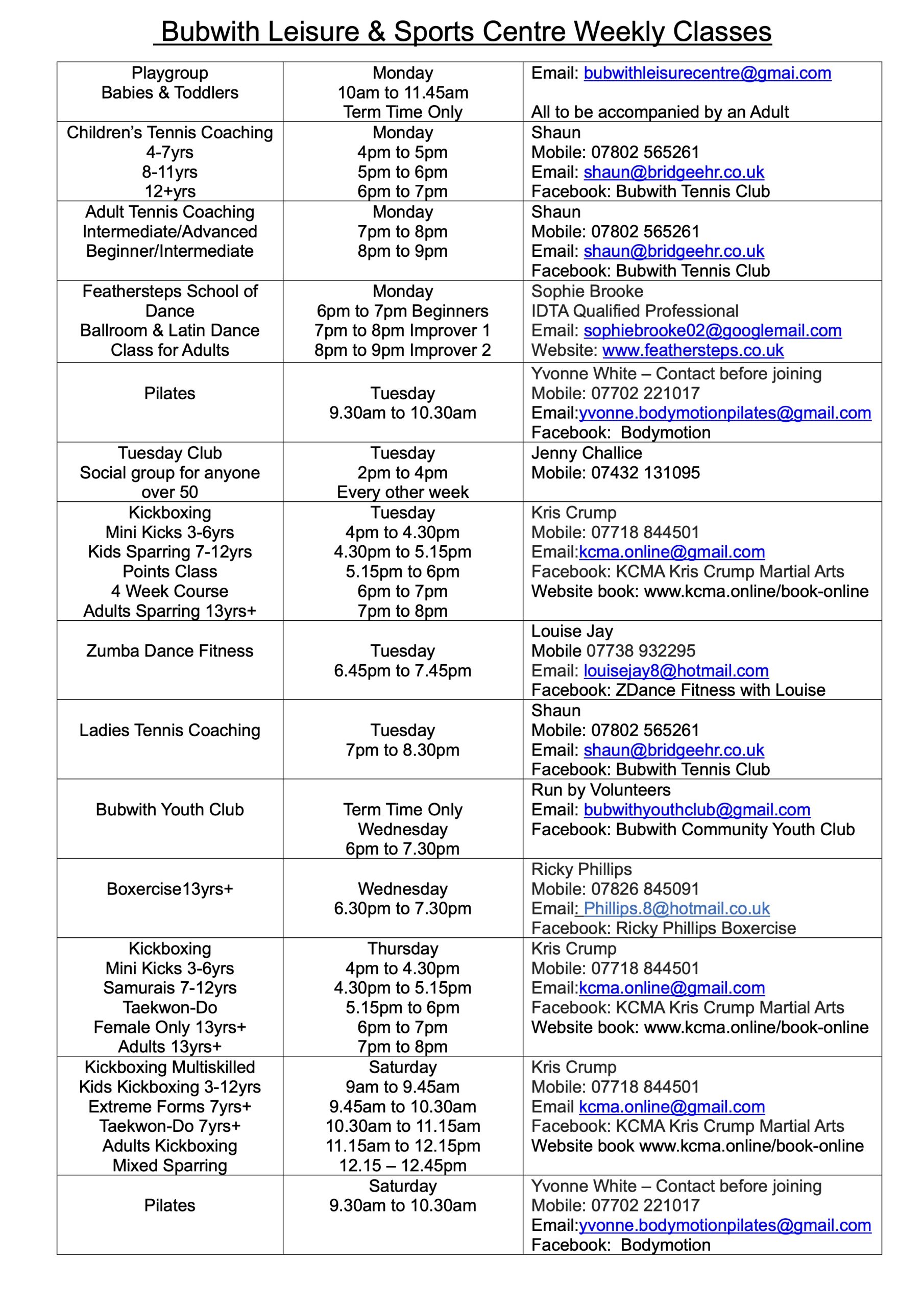 Weekly Overview – Bubwith Leisure and Sports Centre